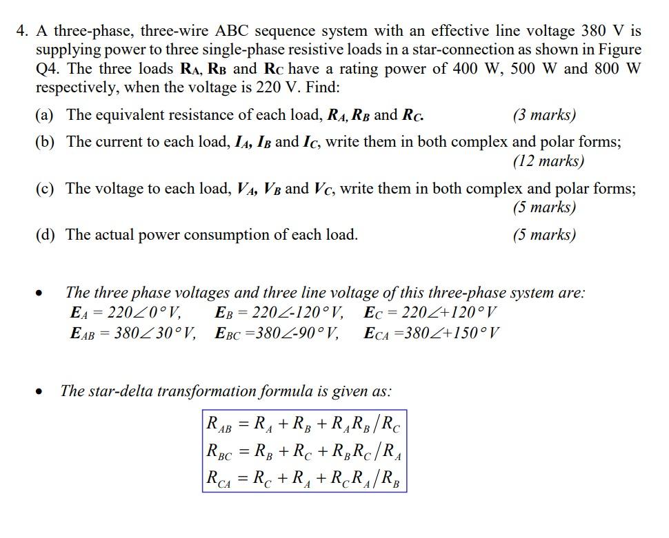 Solved 4. A three-phase, three-wire ABC sequence system with | Chegg.com