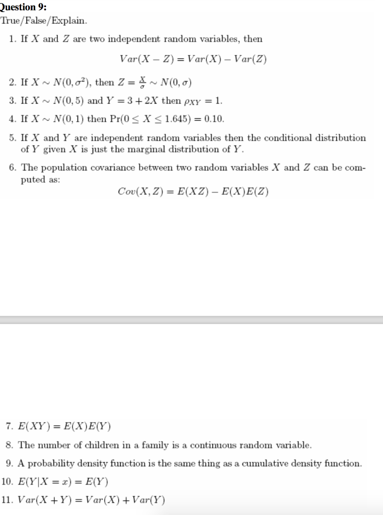 Solved uestion 9: True/False/Explain 1. If X and Z are two | Chegg.com