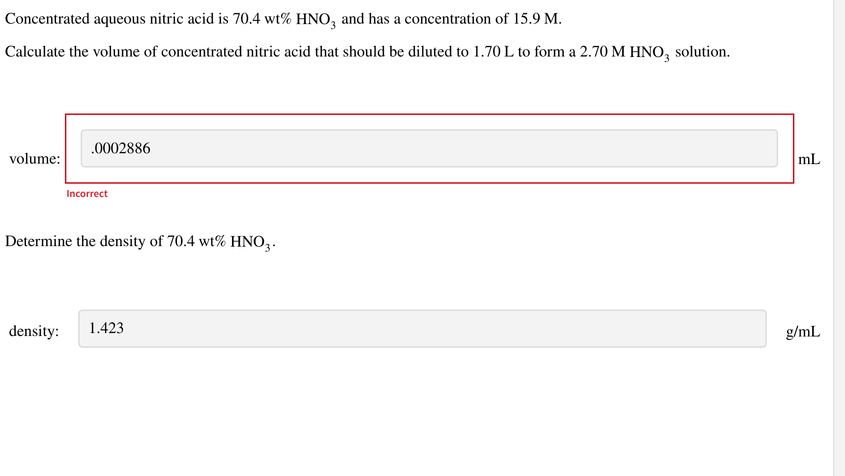 Solved Concentrated aqueous nitric acid is 70.4wt%HNO3 and | Chegg.com