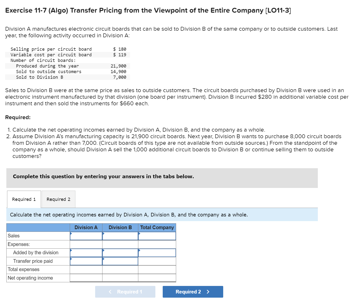 Solved Exercise 11-7 (Algo) Transfer Pricing from the | Chegg.com