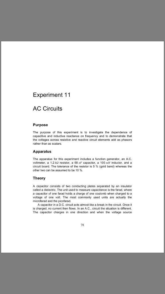Solved Experiment 11 AC Circuits Purpose The purpose of this | Chegg.com