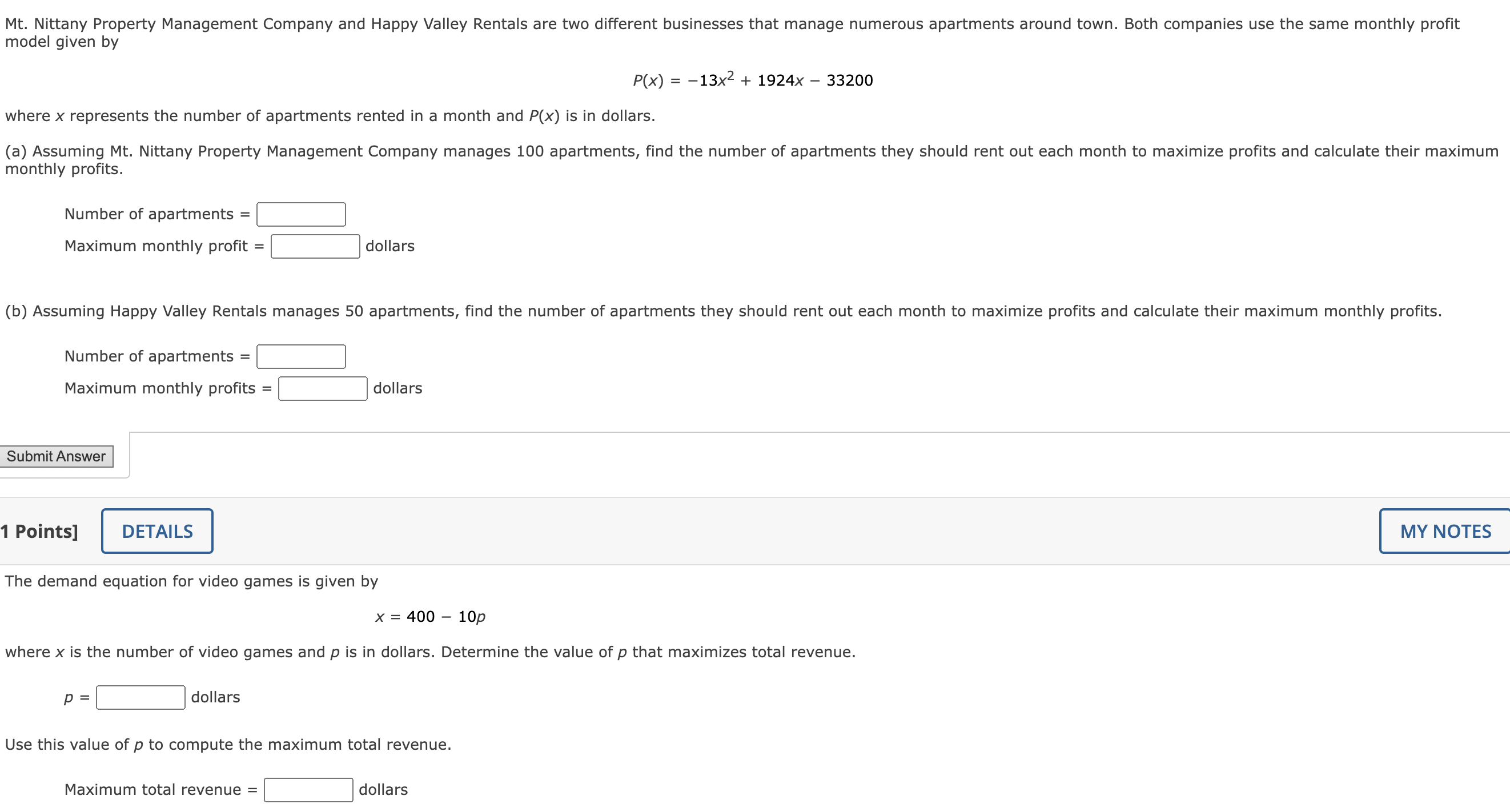 Solved P(x)=−13x2+1924x−33200 where x represents the number | Chegg.com