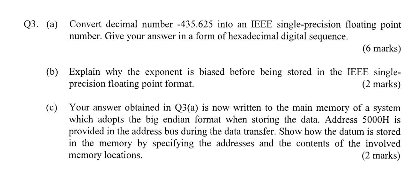 Solved Q3. (a) Convert decimal number -435.625 into an IEEE | Chegg.com