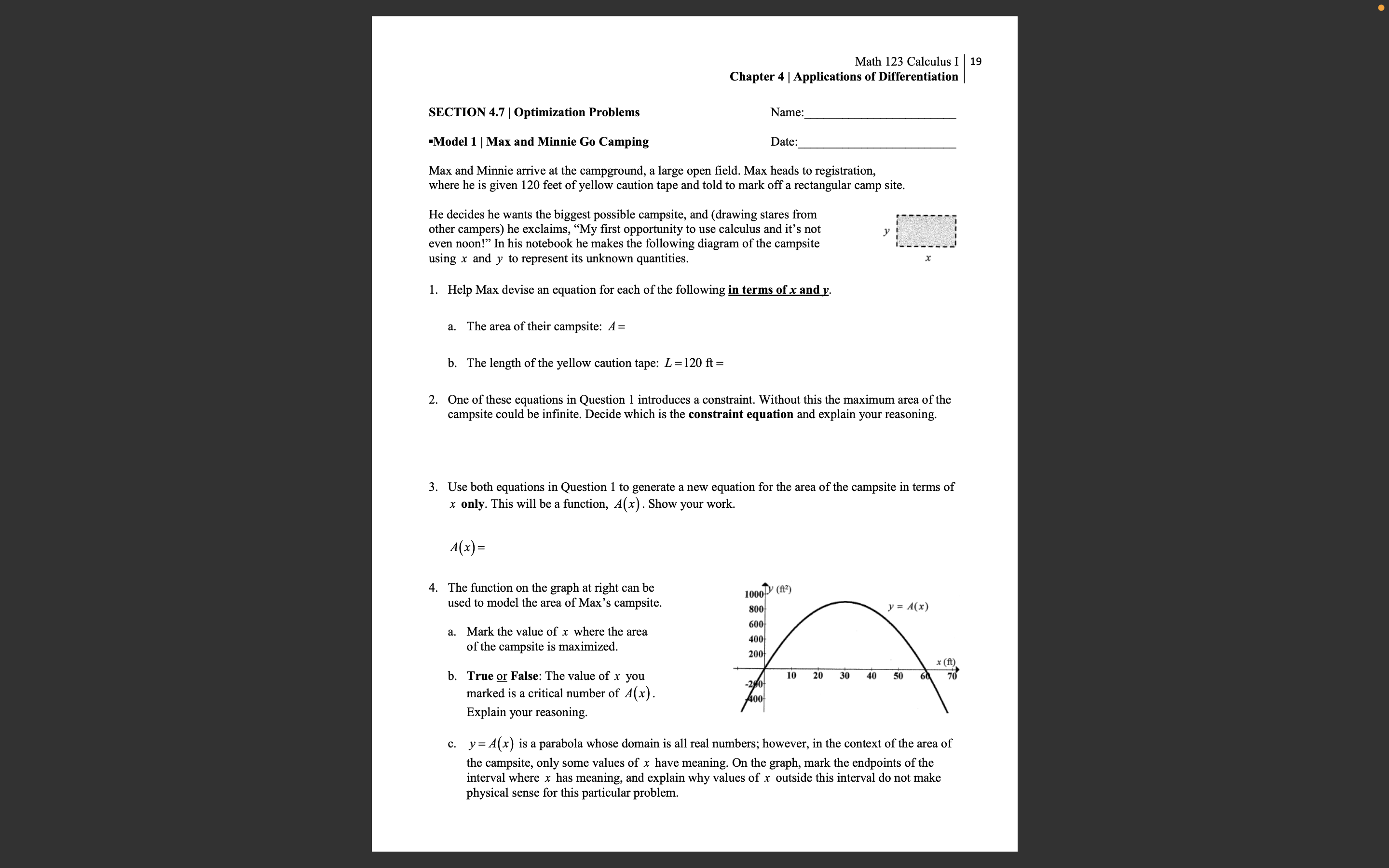 SECTION 4.7 | Optimization Problems Name: -Model 1 | | Chegg.com