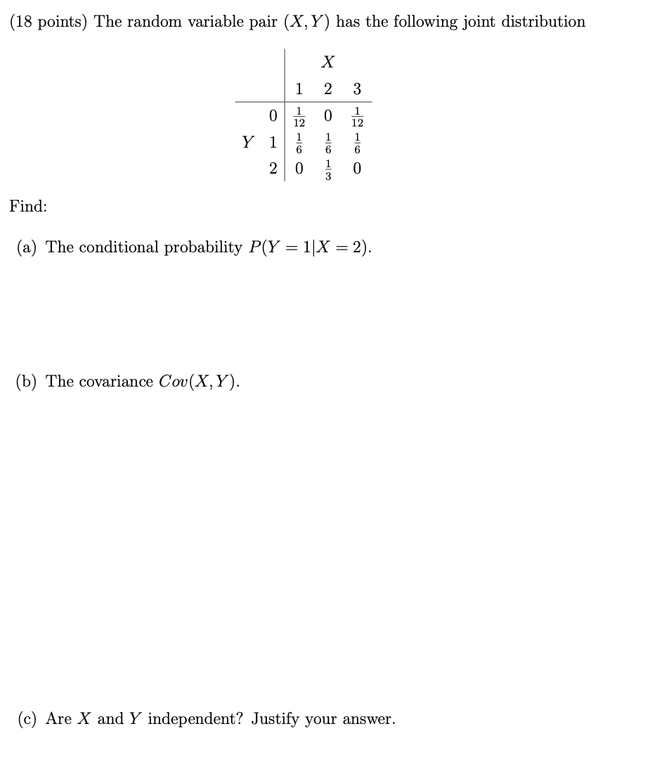 Solved (18 points) The random variable pair (X,Y) has the | Chegg.com