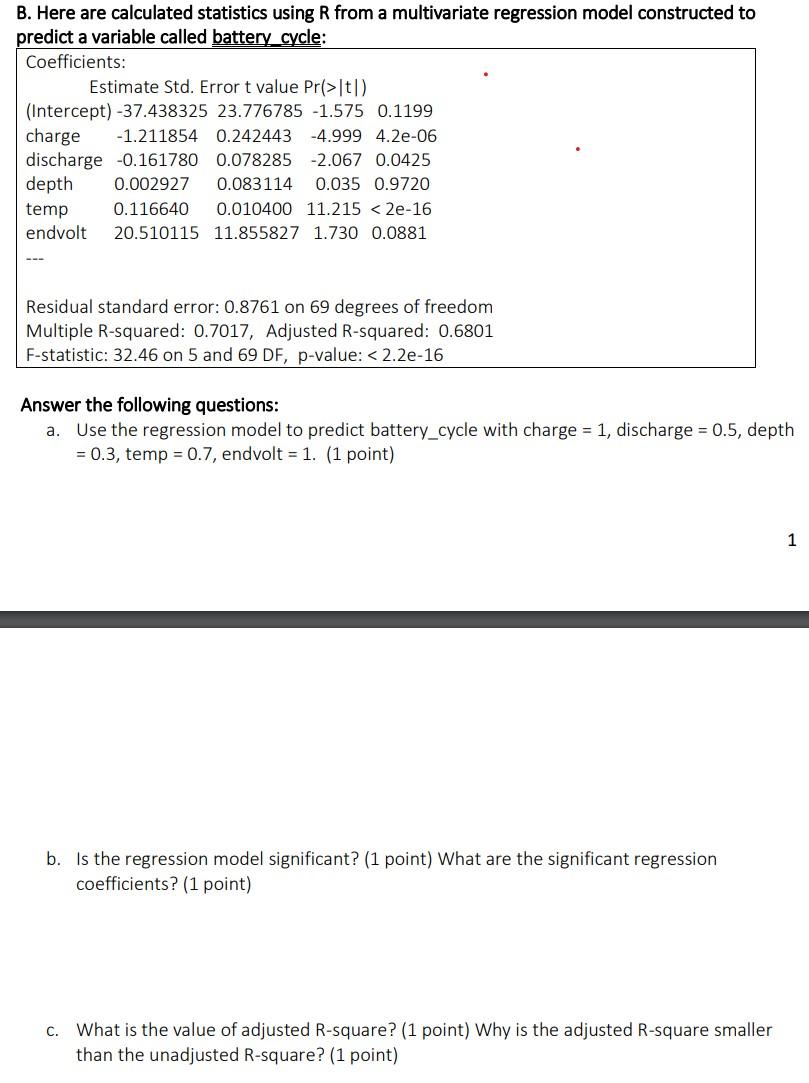 Solved B. Here are calculated statistics using R from a | Chegg.com