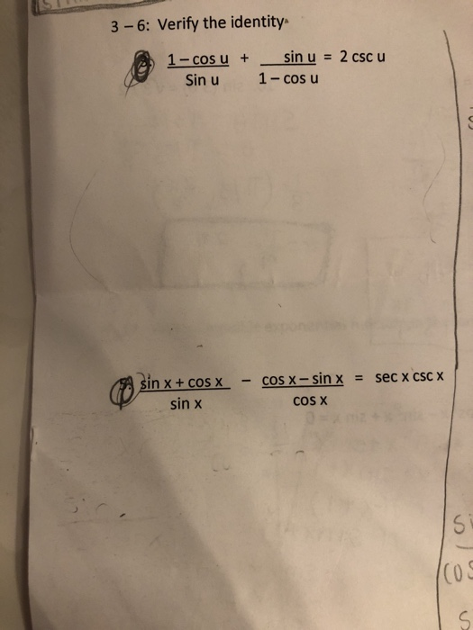 Solved 3-6: Verify the identity 1-cos u Sin u sin u = 2csc u | Chegg.com