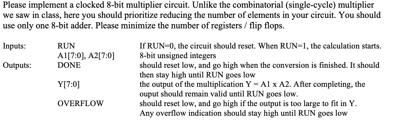 Please implement a clocked 8-bit multiplier circuit. | Chegg.com