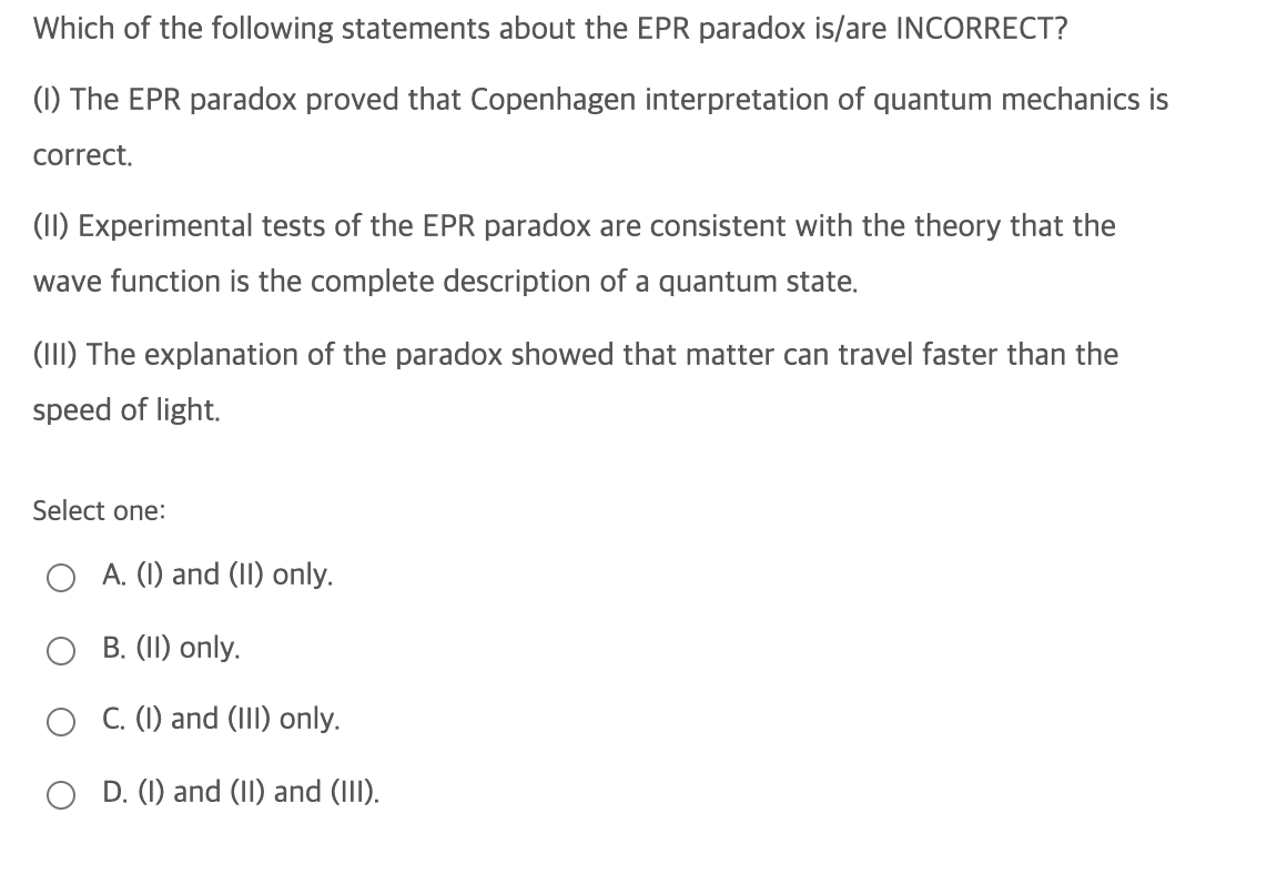 Solved Which of the following statements about the EPR | Chegg.com
