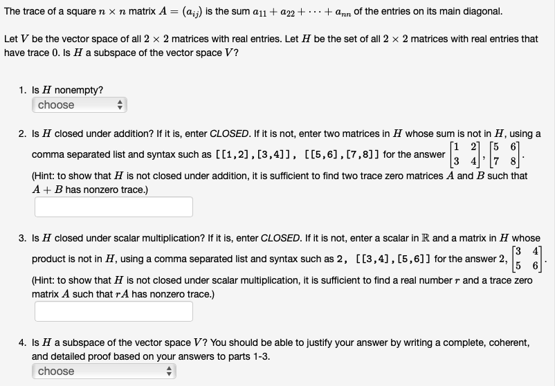 Solved The trace of a square n x n matrix A = (aij) is the | Chegg.com