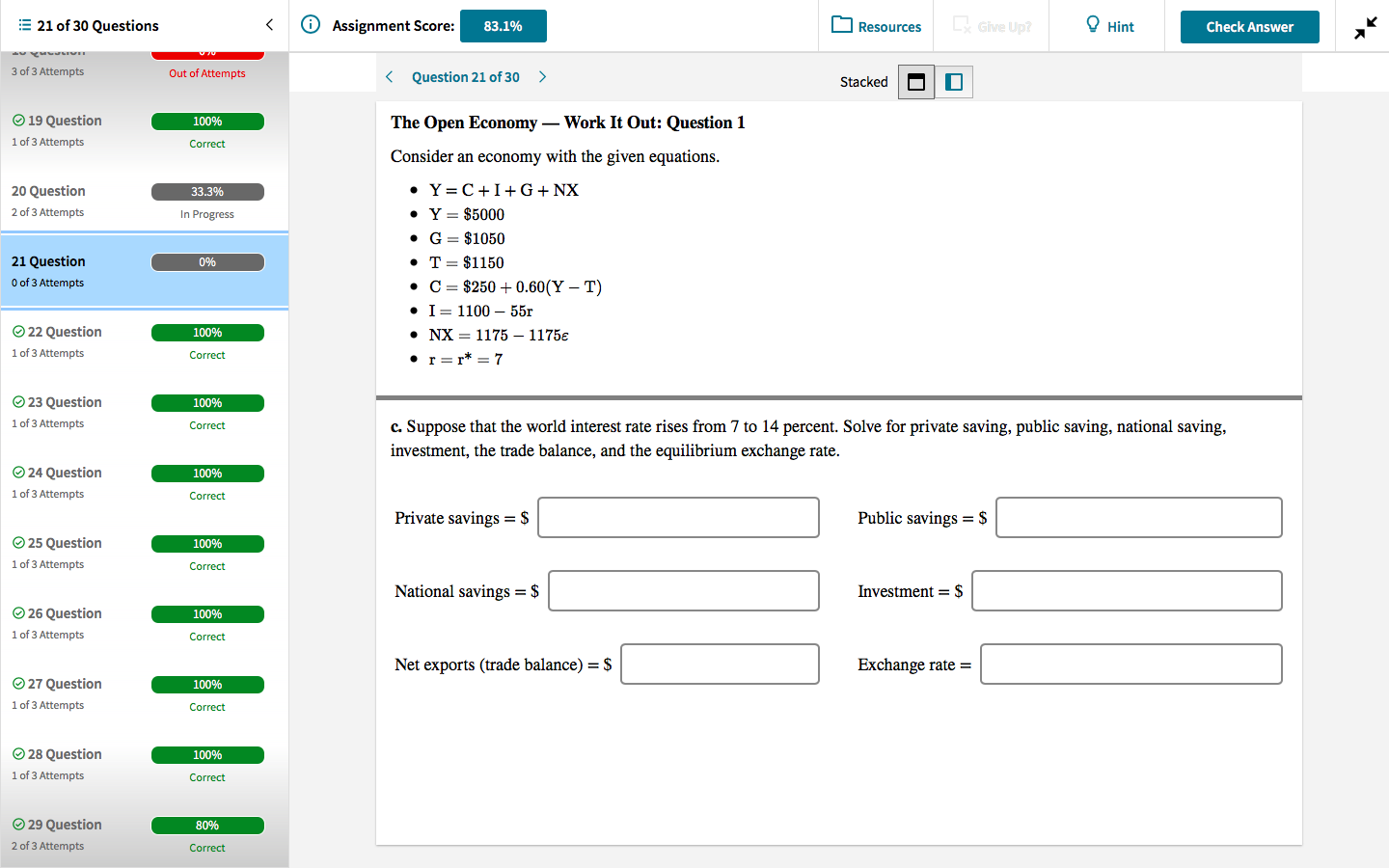 Solved 20 of 30 Questions Assignment Score: 83.1% Resources | Chegg.com