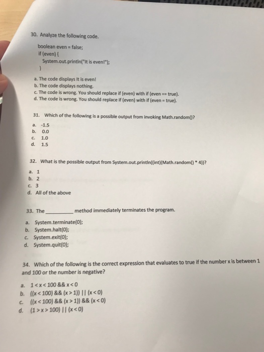 Solved 30. Analyze the following code. boolean even false; | Chegg.com