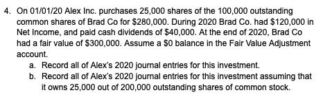 Solved 4. On 01/01/20 Alex Inc. purchases 25,000 shares of | Chegg.com