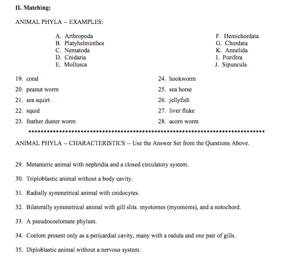 Solved II. Matching: ANIMAL PHYLA - -EXAMPLES: A. Arthropoda | Chegg.com