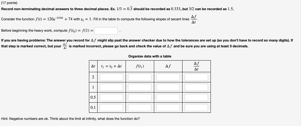 Solved (17 points) Record non-terminating decimal answers to | Chegg.com