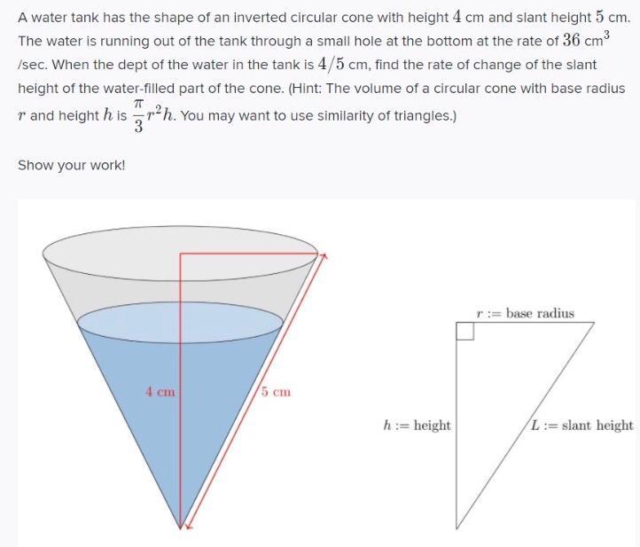 Solved A water tank has the shape of an inverted circular | Chegg.com