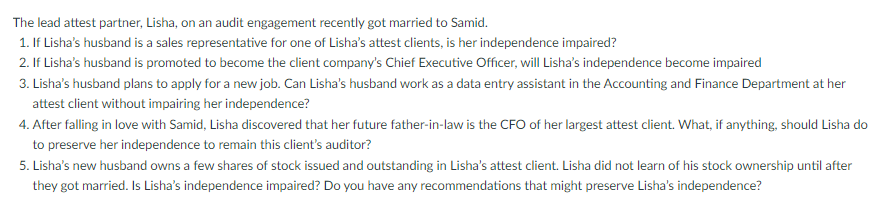 Solved The lead attest partner, Lisha, on an audit | Chegg.com