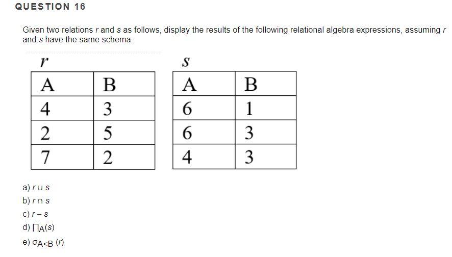 Solved QUESTION 16 Given two relations r and s as follows, | Chegg.com