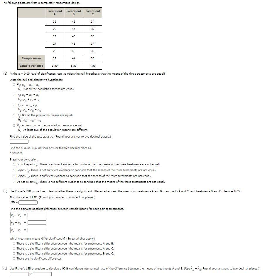 Solved The following data are from a completely randomized | Chegg.com
