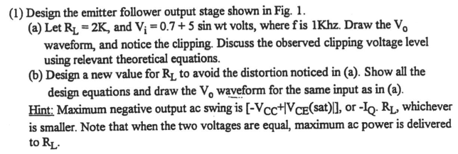 (1) Design the emitter follower output stage shown in | Chegg.com