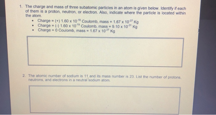 Solved 1. The charge and mass of three subatomic particles | Chegg.com