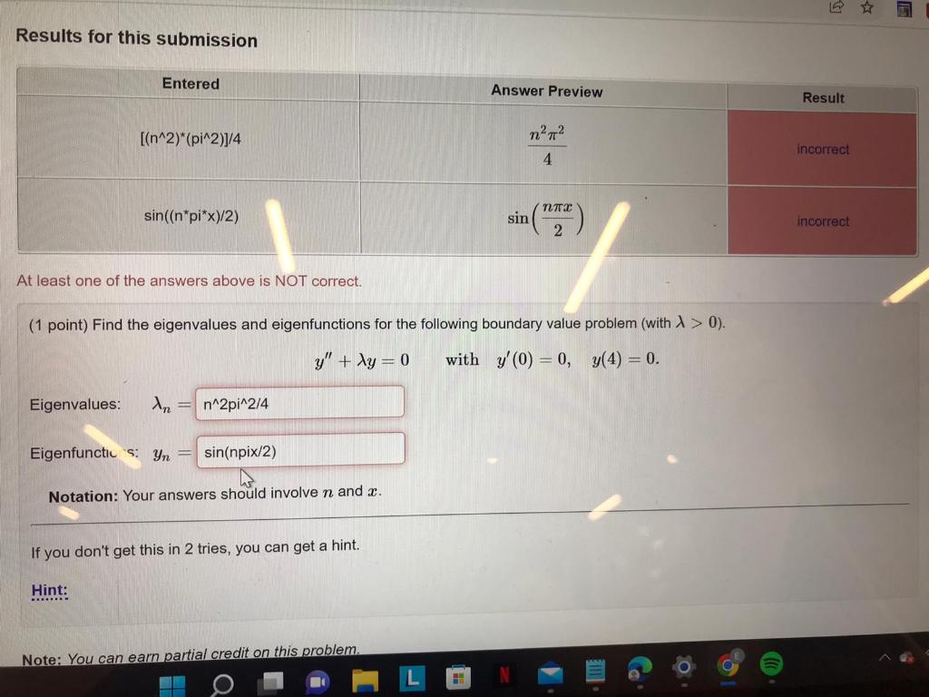 Solved Results for this submission Entered [(n^2)*(pi^2)]/4 | Chegg.com