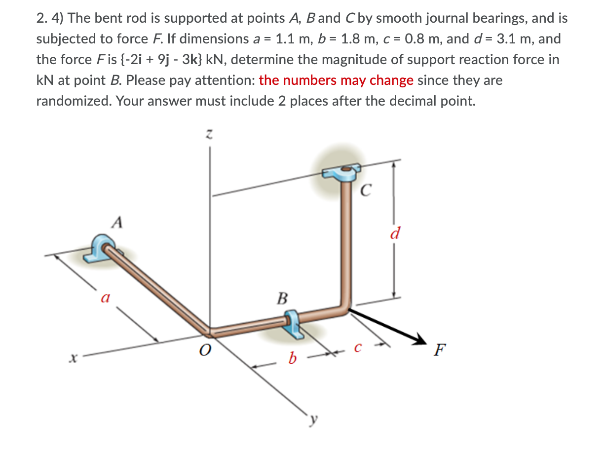 Solved = 2. 4) The bent rod is supported at points A, B and | Chegg.com
