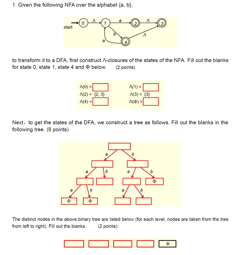 Solved 1. Given the following NFA over the alphabet {a, b}, | Chegg.com