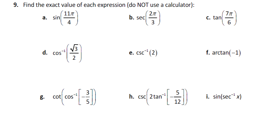 Solved 9. Find the exact value of each expression (do NOT | Chegg.com