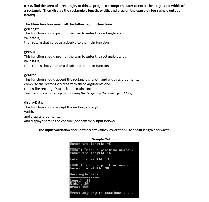 Solved In C#, find the area of a rectangle. In this C# | Chegg.com