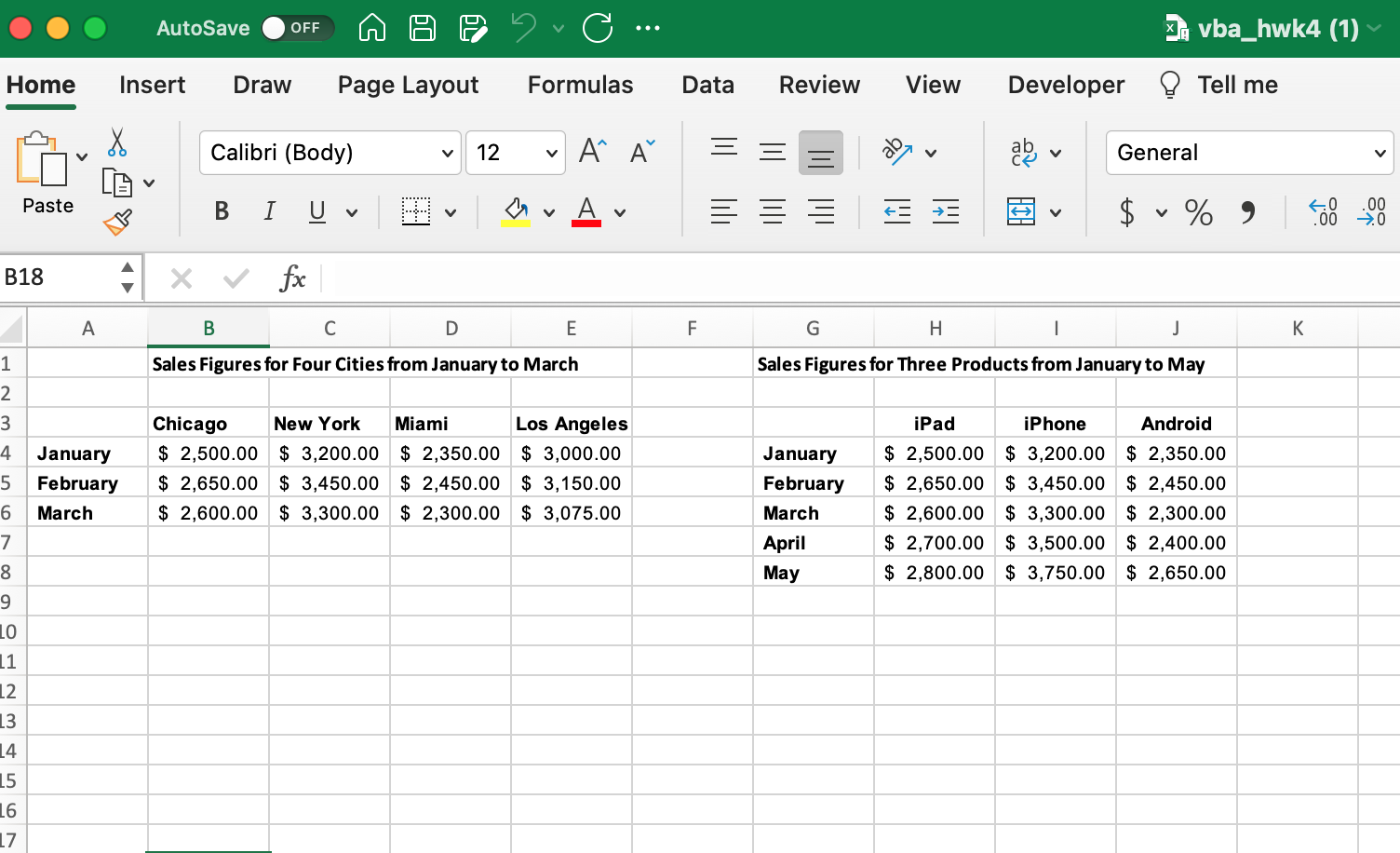 Solved AutoSave OFF A svo .. vba_hwk4 (1) Home Insert Draw | Chegg.com