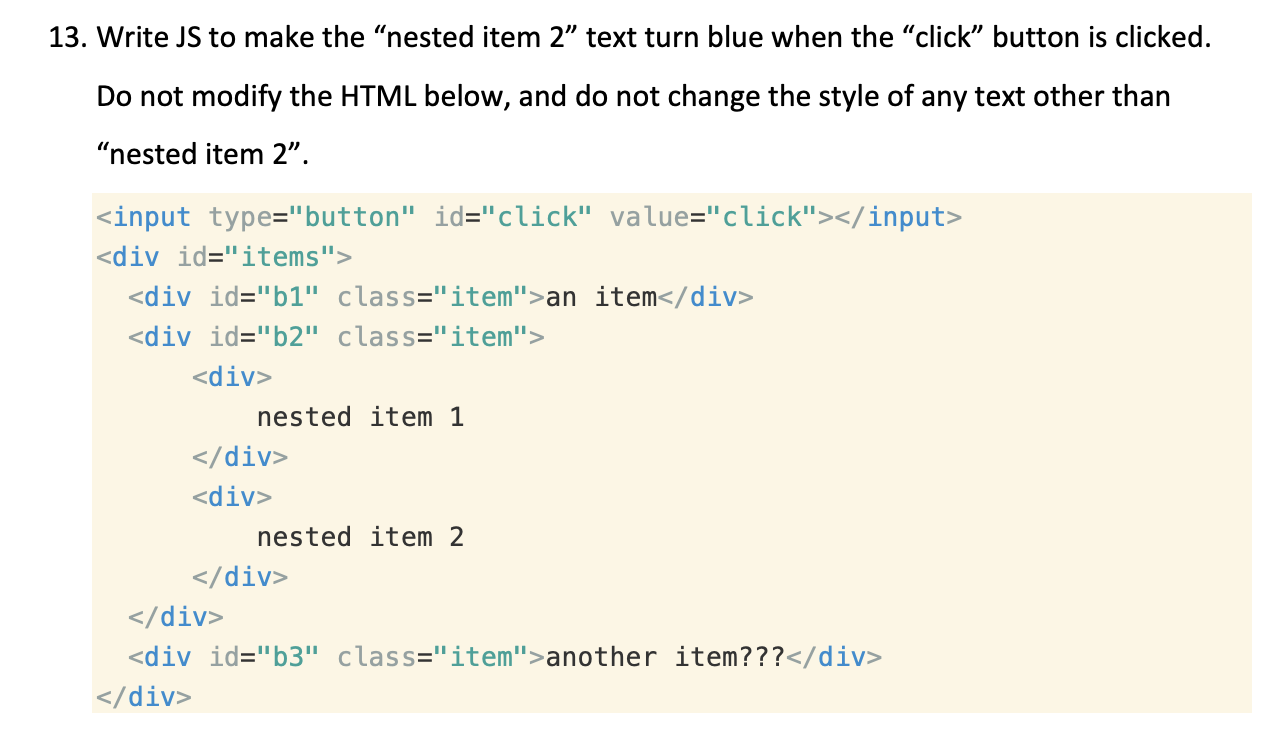 Solved 13. Write JS to make the "nested item 2” text turn | Chegg.com