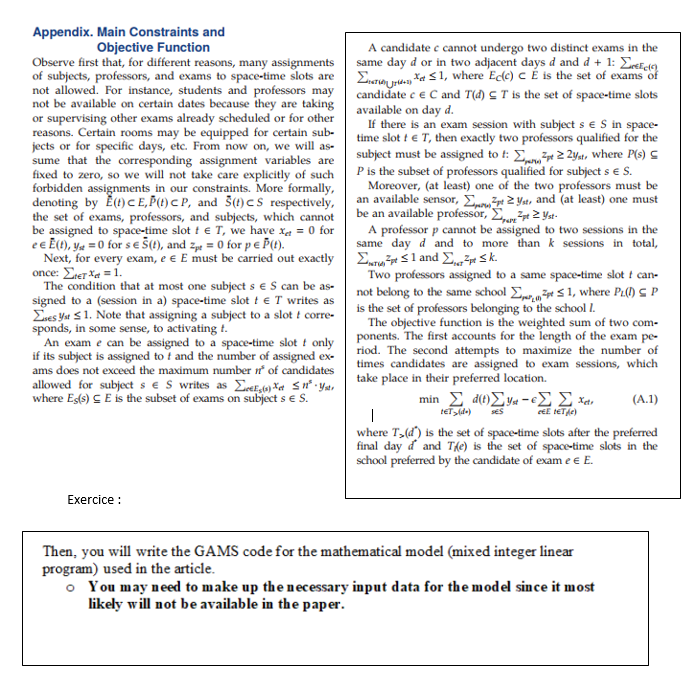 Solved Appendix. Main Constraints andObjective | Chegg.com