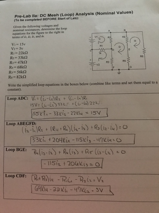 Solved Pre-Lab lla: DC Mesh (Loop) Analysis (Nominal Values) | Chegg.com