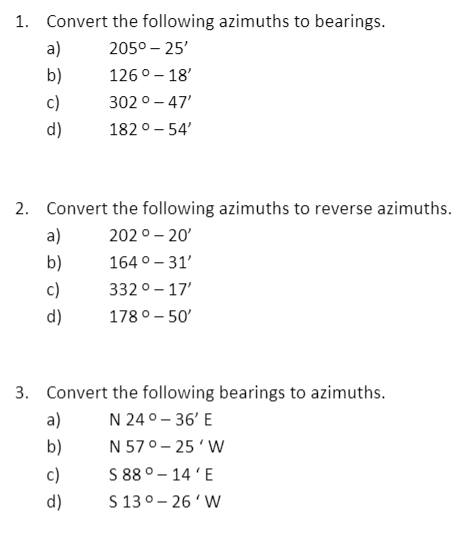 Solved 1. Convert the following azimuths to bearings. a) | Chegg.com