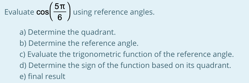 Solved Evaluate cos 51 6 using reference angles. a) | Chegg.com