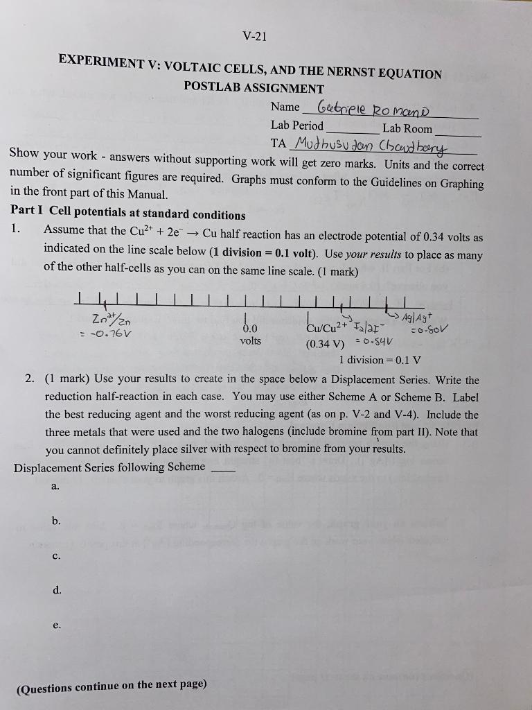 Solved V-21 EXPERIMENT V: VOLTAIC CELLS, AND THE NERNST | Chegg.com