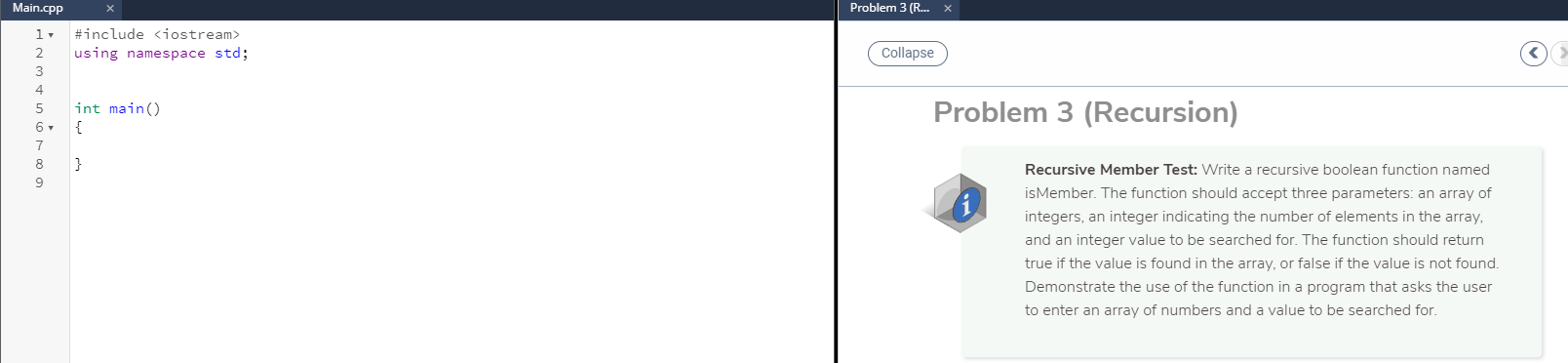 Solved Main.cpp Problem 3 (R... X 1. 2 #include using | Chegg.com