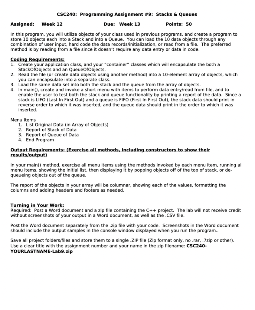 Solved Csc240 Programming Assignment 9 Stacks And Queues 5490