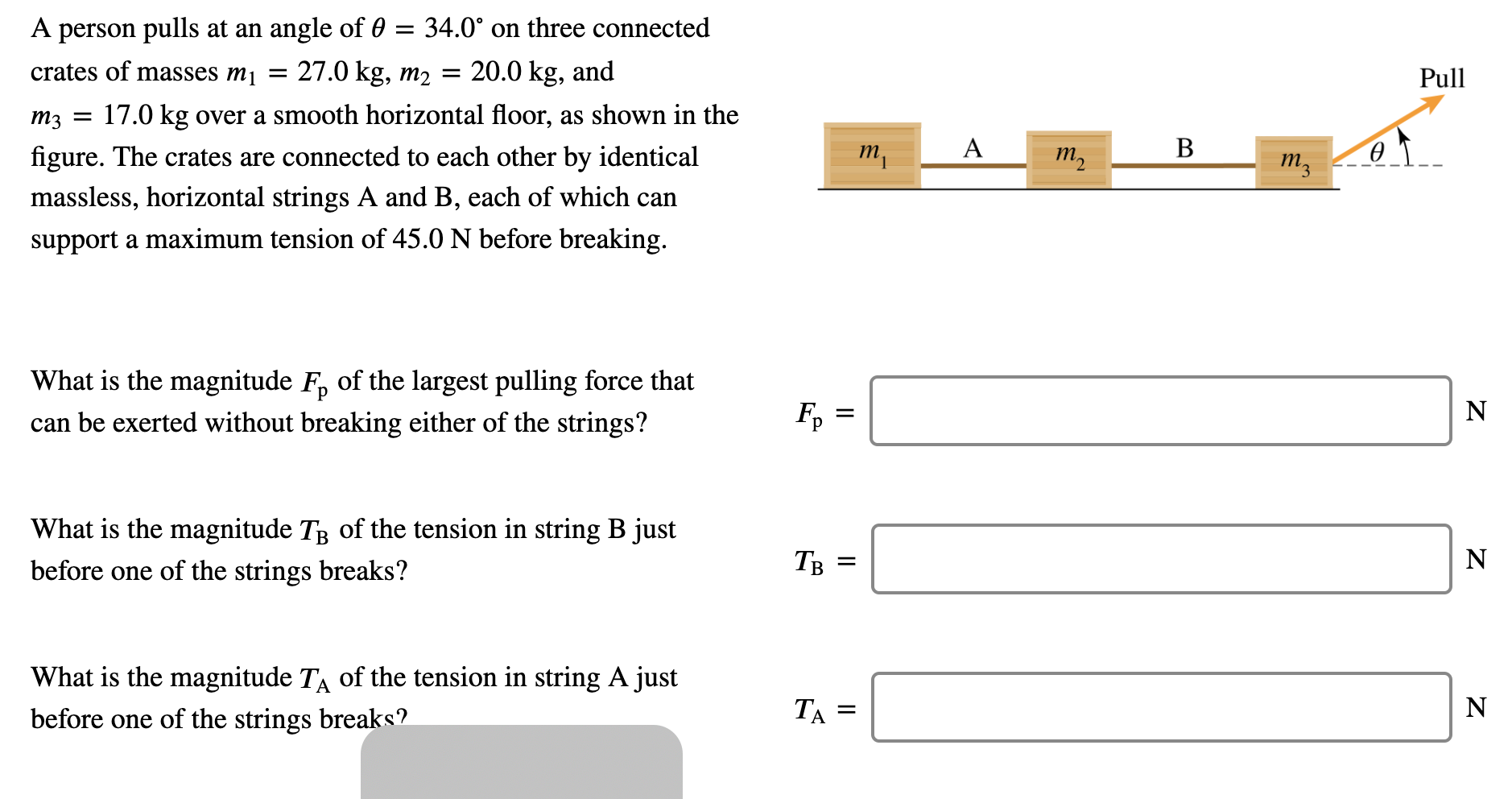 Solved Pull A person pulls at an angle of 0 = 34.0° on three | Chegg.com