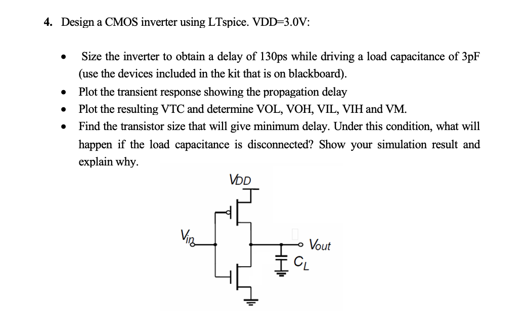 Solved 4. Design a CMOS inverter using LTspice. VDD=3.0V: | Chegg.com