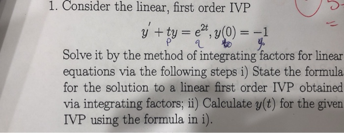 Solved 1. Consider the linear, first order IVP 2t y +ty e, | Chegg.com