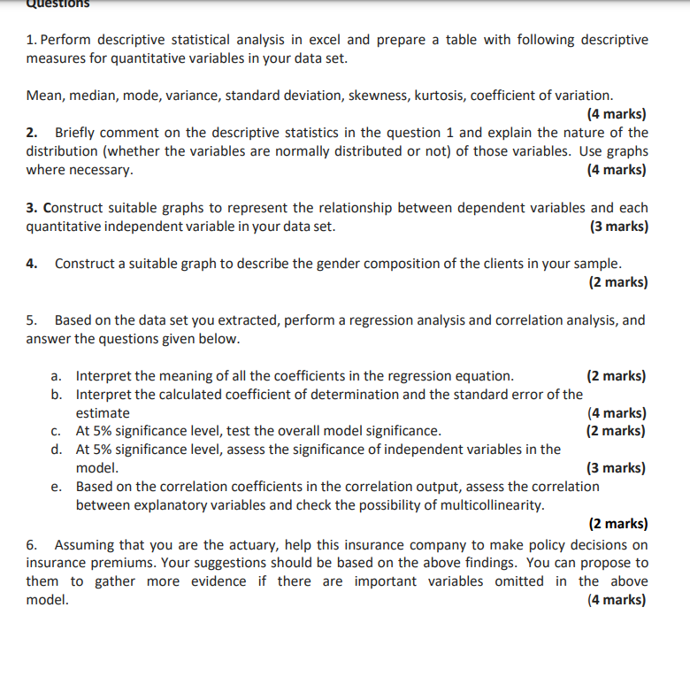 1. Perform descriptive statistical analysis in excel | Chegg.com