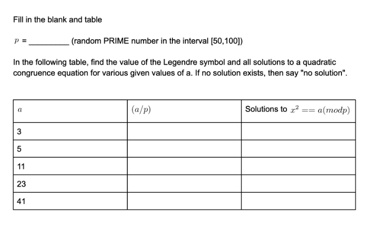 Solved Fill in the blank and table p= (random PRIME number | Chegg.com
