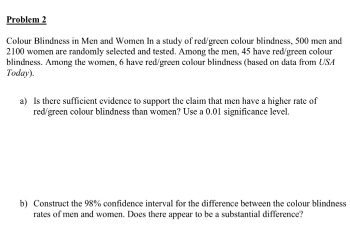 Solved Problem 2 Colour Blindness in Men and Women In a | Chegg.com