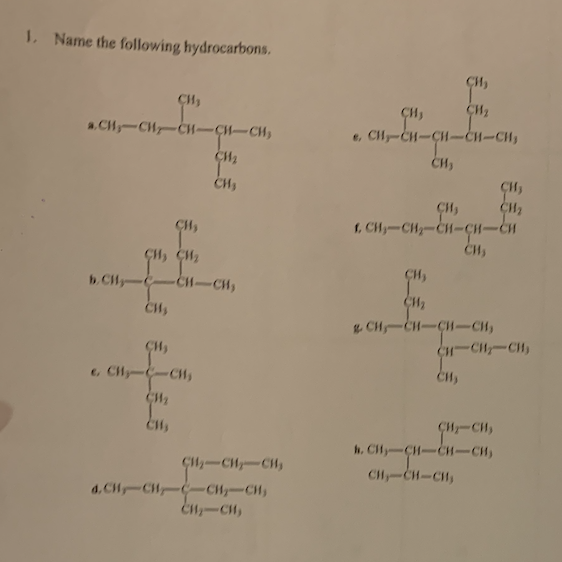 Solved 1. Name the following hydrocarbons. h. | Chegg.com