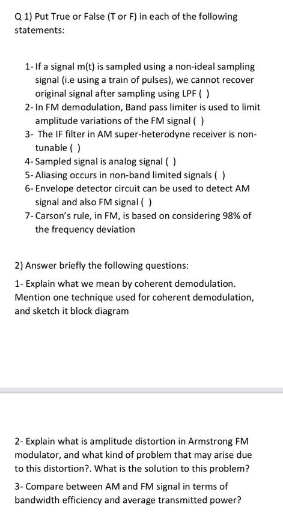 Solved Q 1) Put True or False (T or F ) in each of the | Chegg.com