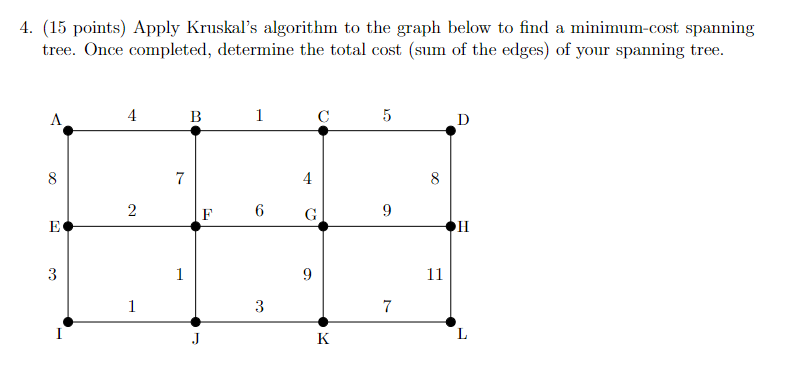 Solved (15 points) Apply Kruskal’s algorithm to the graph | Chegg.com Solved (15 points) Apply Kruskal’s algorithm to the graph | Chegg.com