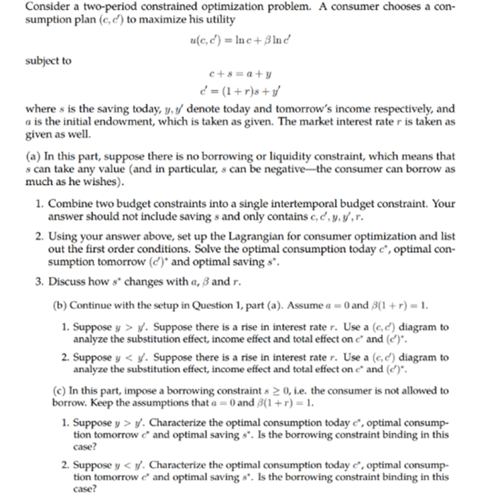 Consider a two-period constrained optimization | Chegg.com