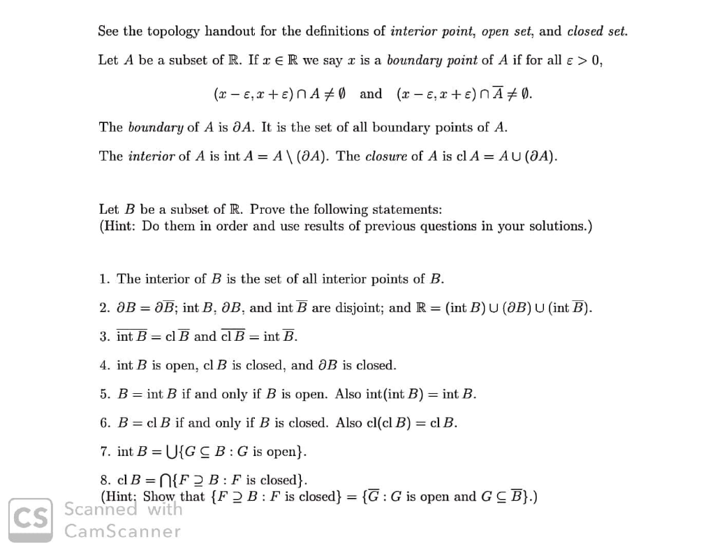 See the topology handout for the definitions of | Chegg.com